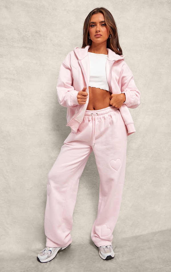 Baby Pink Embossed Heart Wide Leg Sweatpants | Sweat ...