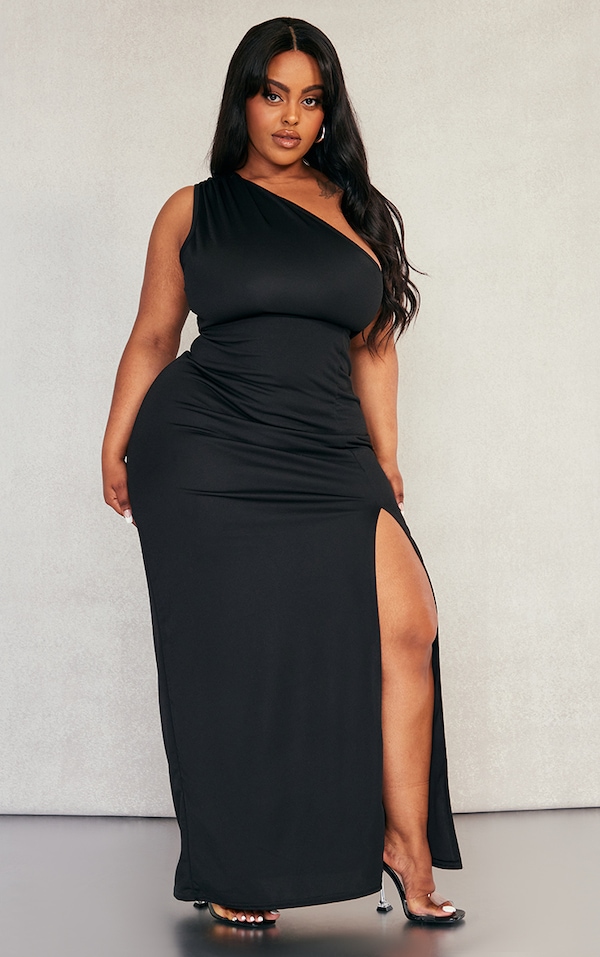 Plus Black One Shoulder Side Split Maxi Dress | Plus Size ...