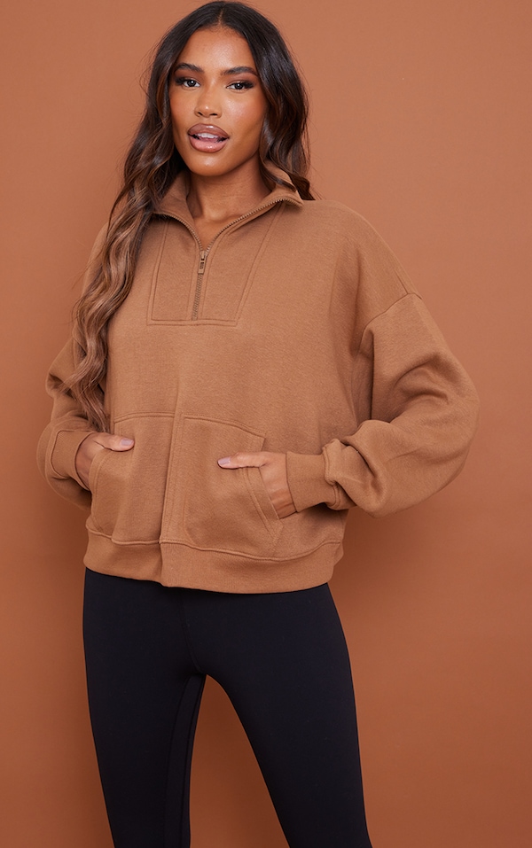 Chocolate Double Pocket Half Zip Seam Sweatshirt | Athleisure | PLT CA