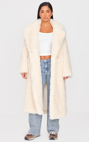 Petite Cream Shaggy Faux Fur Longline Coat | Petite | PLT