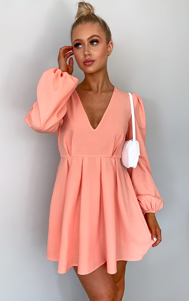 Peach Linen Mix Pleated Detail Skater Dress | PrettyLittleThing USA
