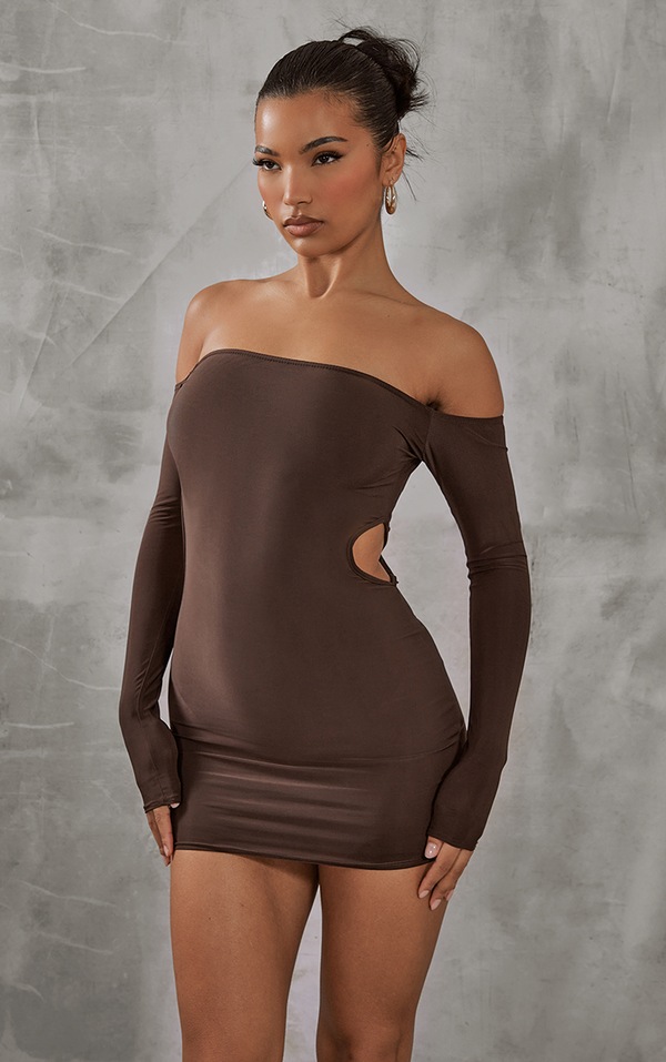 Chocolate Slinky Bardot Side Cut Out Bodycon Dress Dresses Prettylittlething Aus