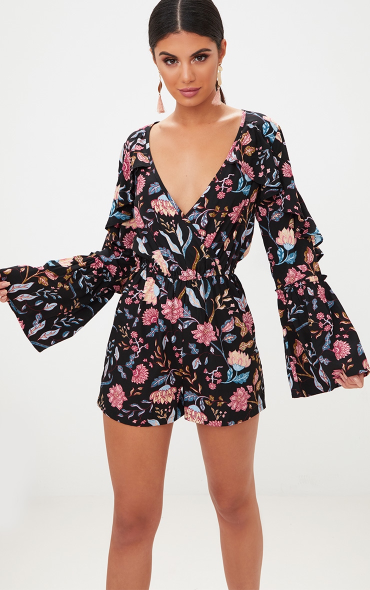 Navy Floral Frill Playsuit | PrettyLittleThing AUS