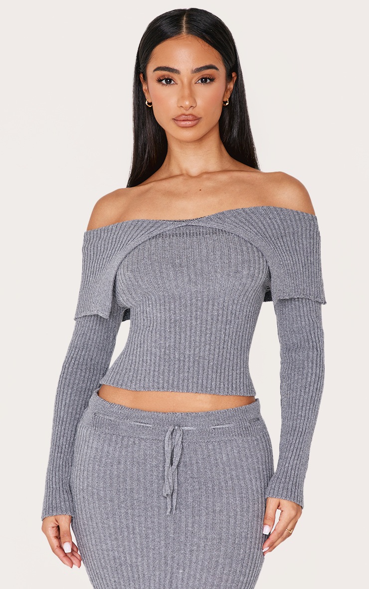 Petite Charcoal Fold Over Detail Knit Top | Petite | PrettyLittleThing