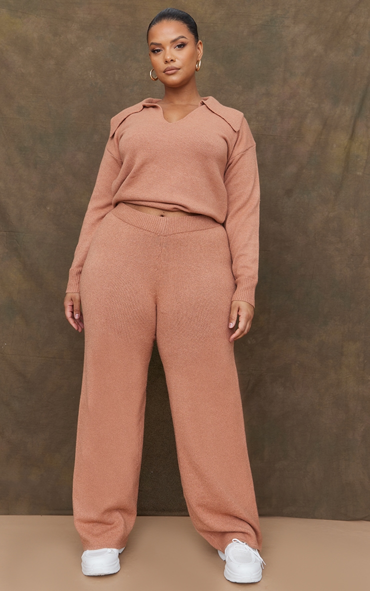 Brown Wide Leg Pants Plus Size | PrettyLittleThing CA