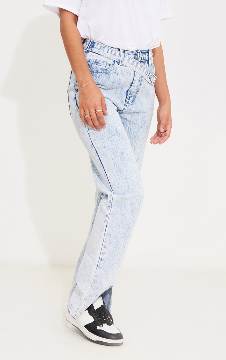 Petite Acid Blue Wash Jeans Asymmetric Strap | Petite | PLT