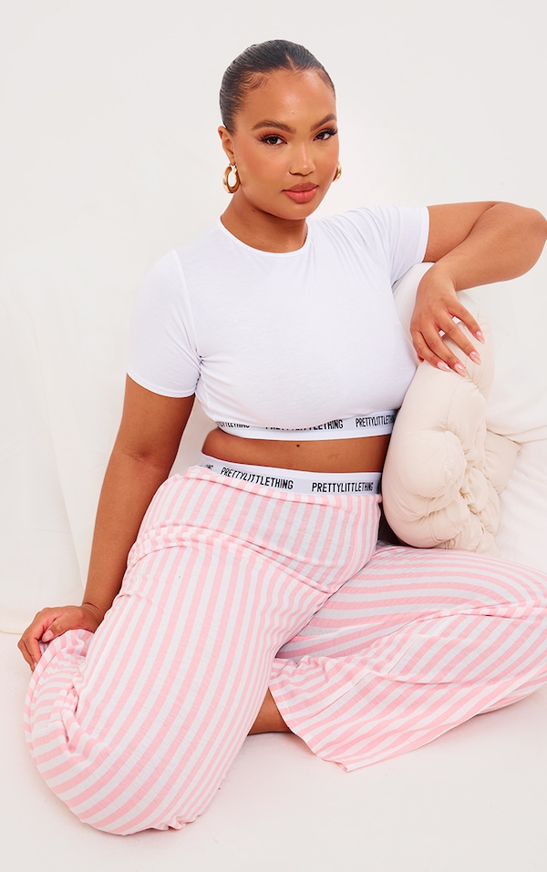 PRETTYLITTLETHING Plus Pink Striped Trouser Pj Set | Plus Size | PLT