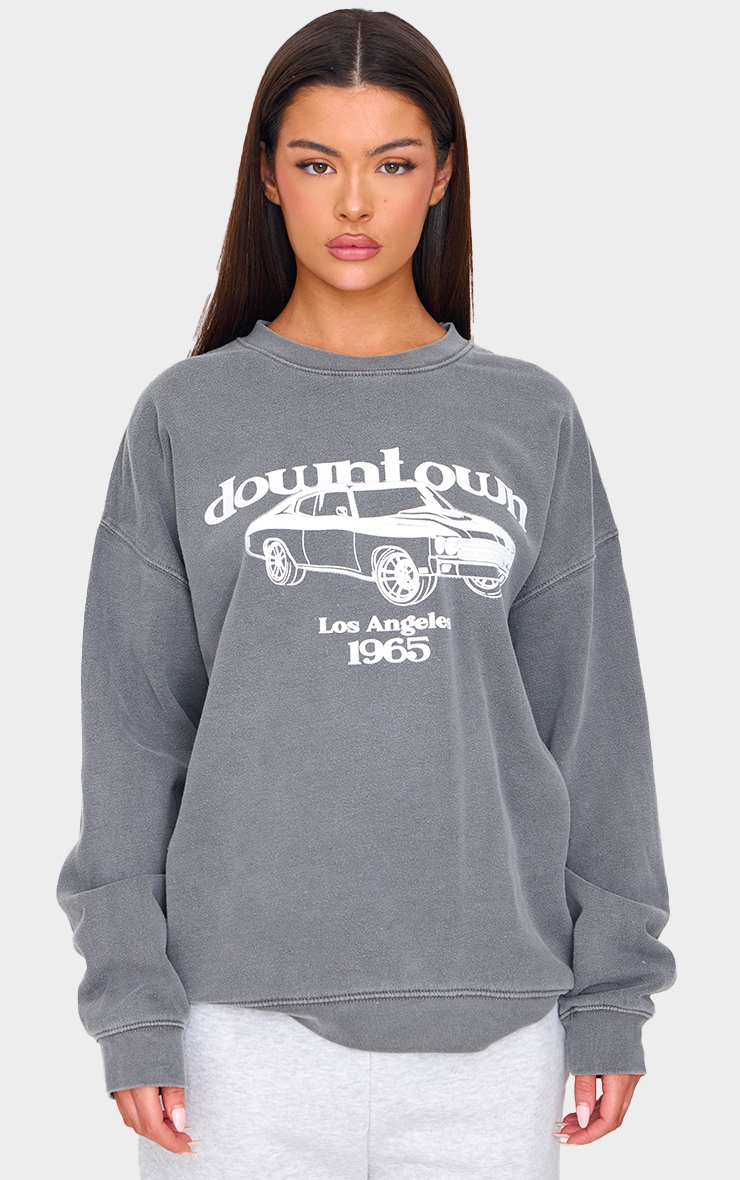 Charcoal Washed Downtown Car Printed Sweatshirt | Sweat ...
