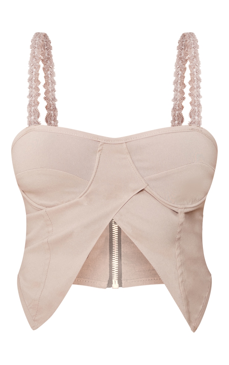 Stone Stretch Woven Split Hem Lace Strap Top | PrettyLittleThing USA