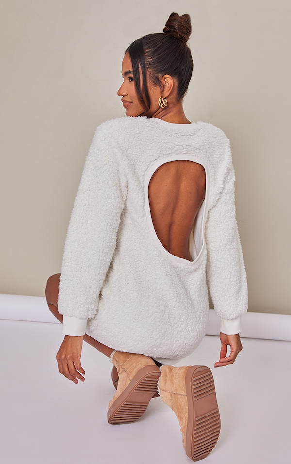 Cream Borg Backless Sweater Dress | Dresses | PLT USA