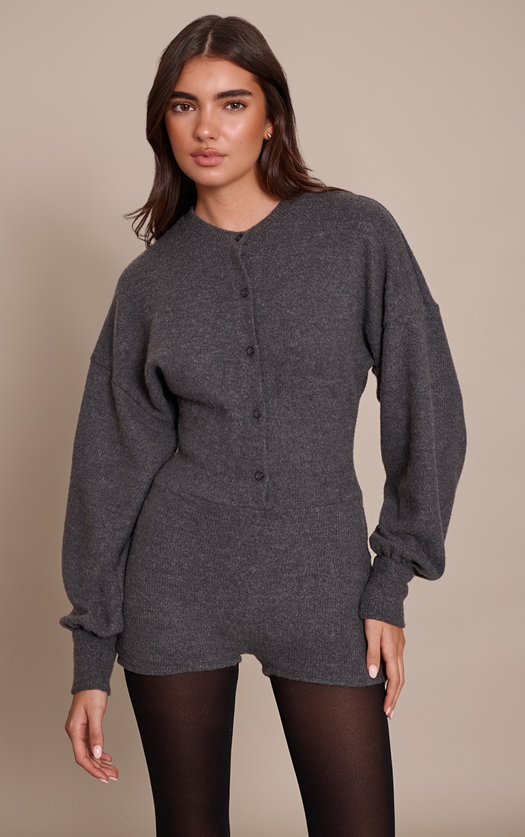 Grey Ribbed Button Up Unitard | Dresses | PLT IRE