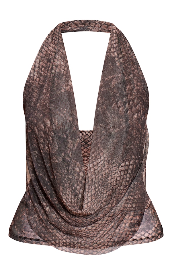 Brown Snake Printed Mesh Halter Neck Top | Tops | PLT