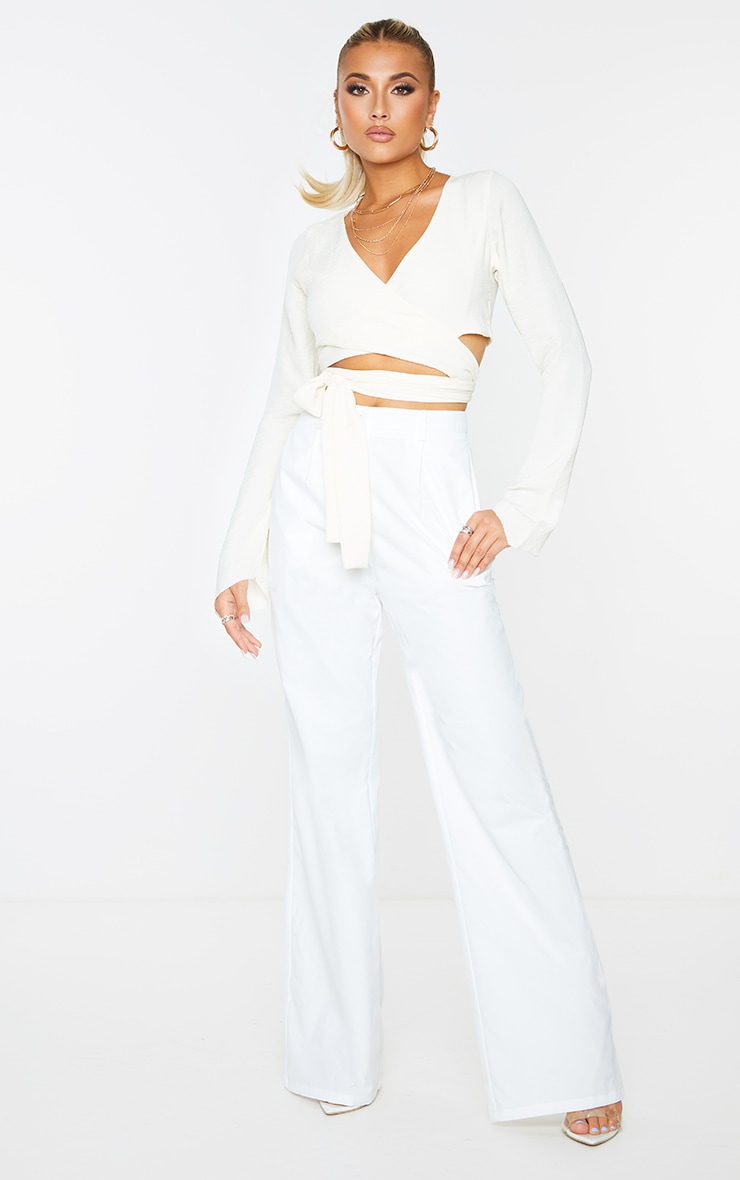 Cream Woven Wrap Over Long Sleeve Top | Tops | PrettyLittleThing USA