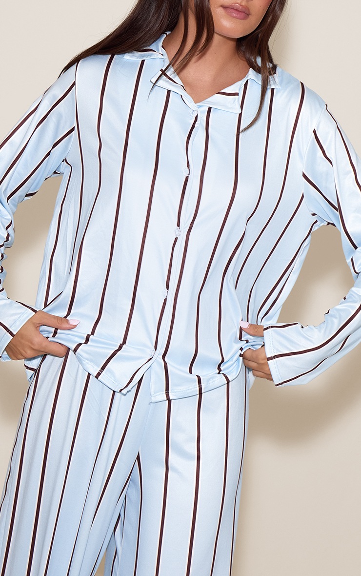 Blue & Brown Striped Long Sleeve Button PJ Set | Lingerie & Nightwear | PLT