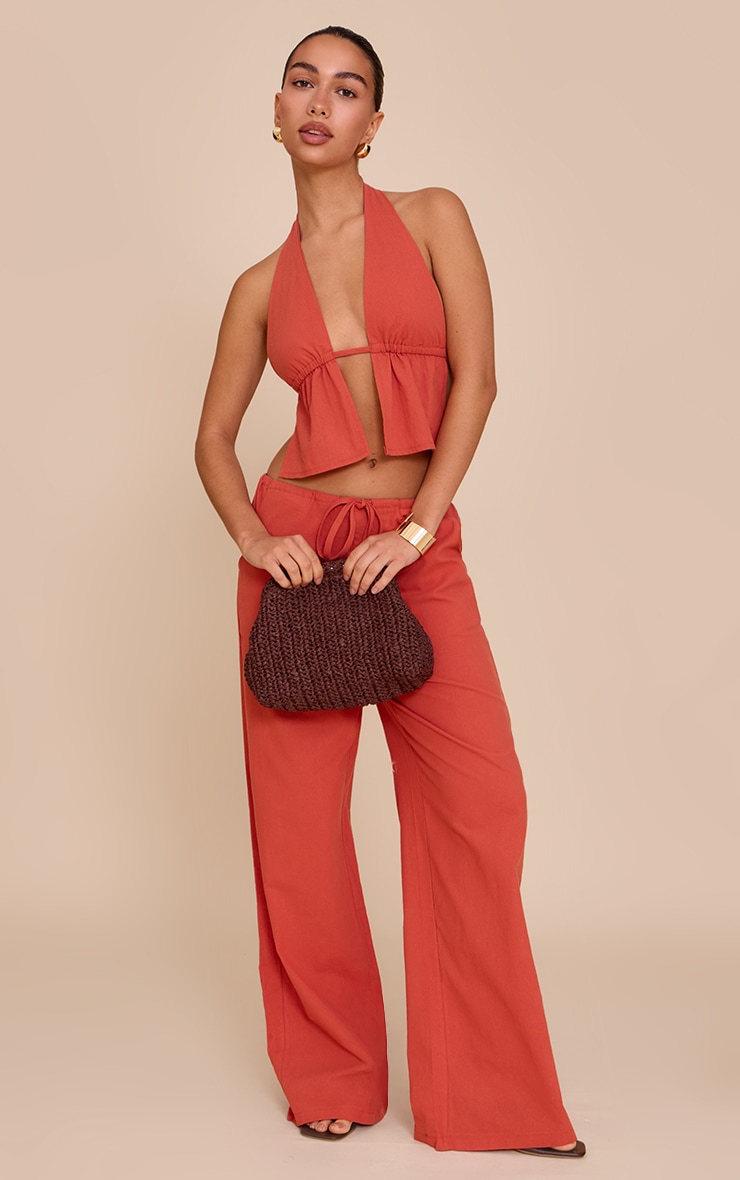 Rust Cotton Halterneck Backless Plunge Top | Co-ords | PLT