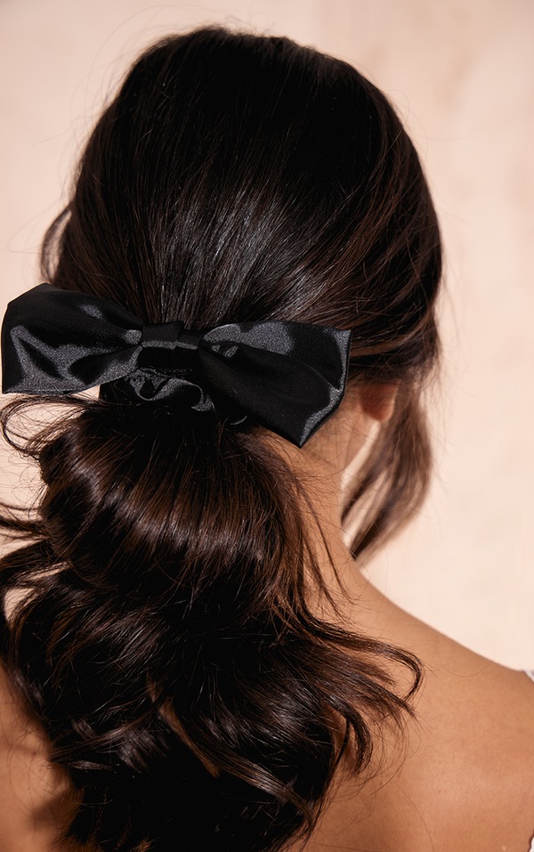 Black Satin Three Pack Bow Scrunchie | Accessories | PrettyLittleThing CA