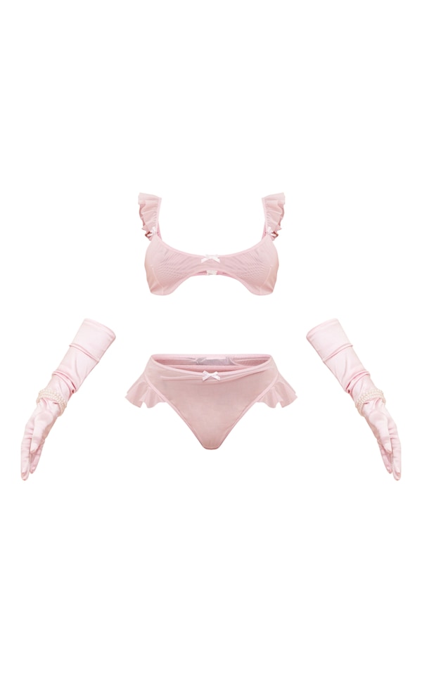 Pink Mesh Frill Detail Lingerie Set | PrettyLittleThing UAE