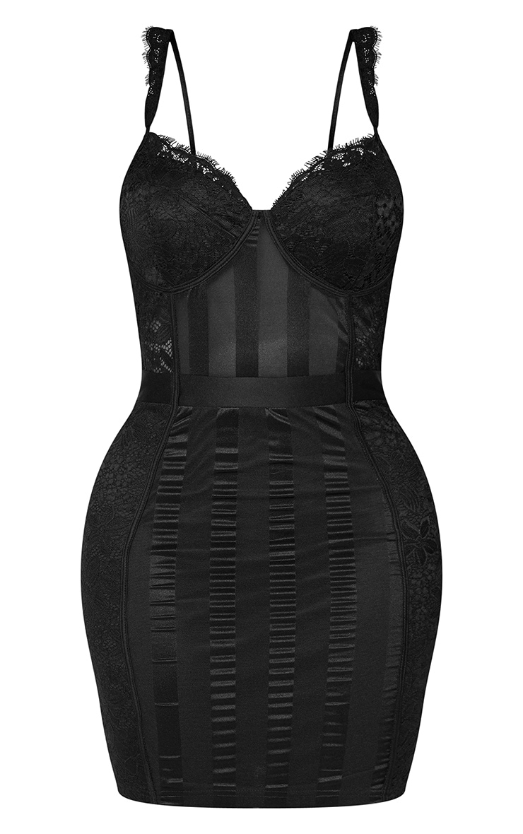 Shape Black Lace Mesh Stripe Strappy Bodycon Dress | PrettyLittleThing