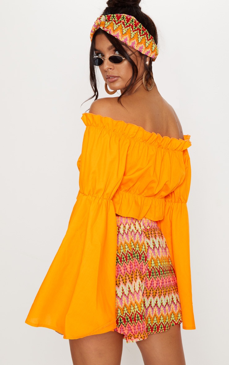 Orange Ruched Bardot Crop Top | Tops | PLT