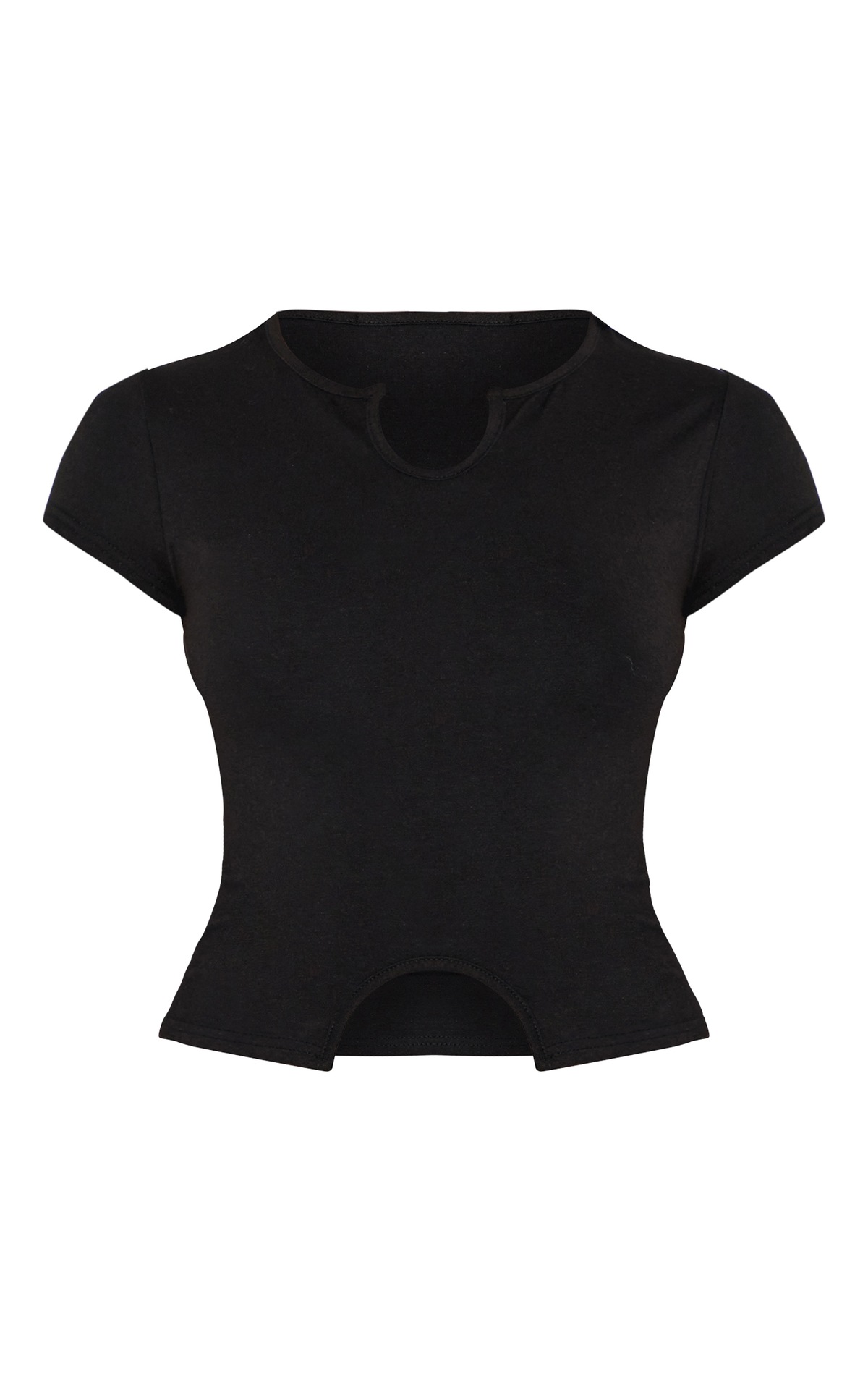 Black Modal Cotton Notch Neck Split Hem T Shirt | Tops | PLT