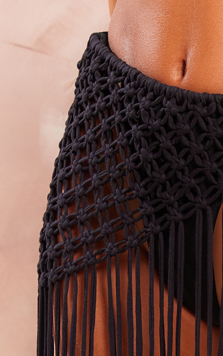 Black Macrame Tassel Hem Sarong | Swimwear | PrettyLittleThing CA