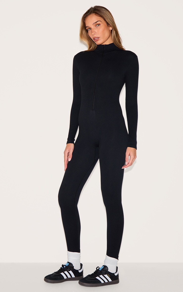 Black Structured Snatched Rib Zip Jumpsuit | Jumpsuits & Rompers ...