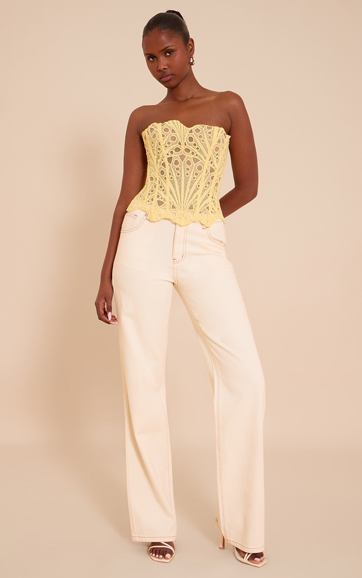 Butter Yellow Textured Sheer Floral Lace Corset | Tops ...