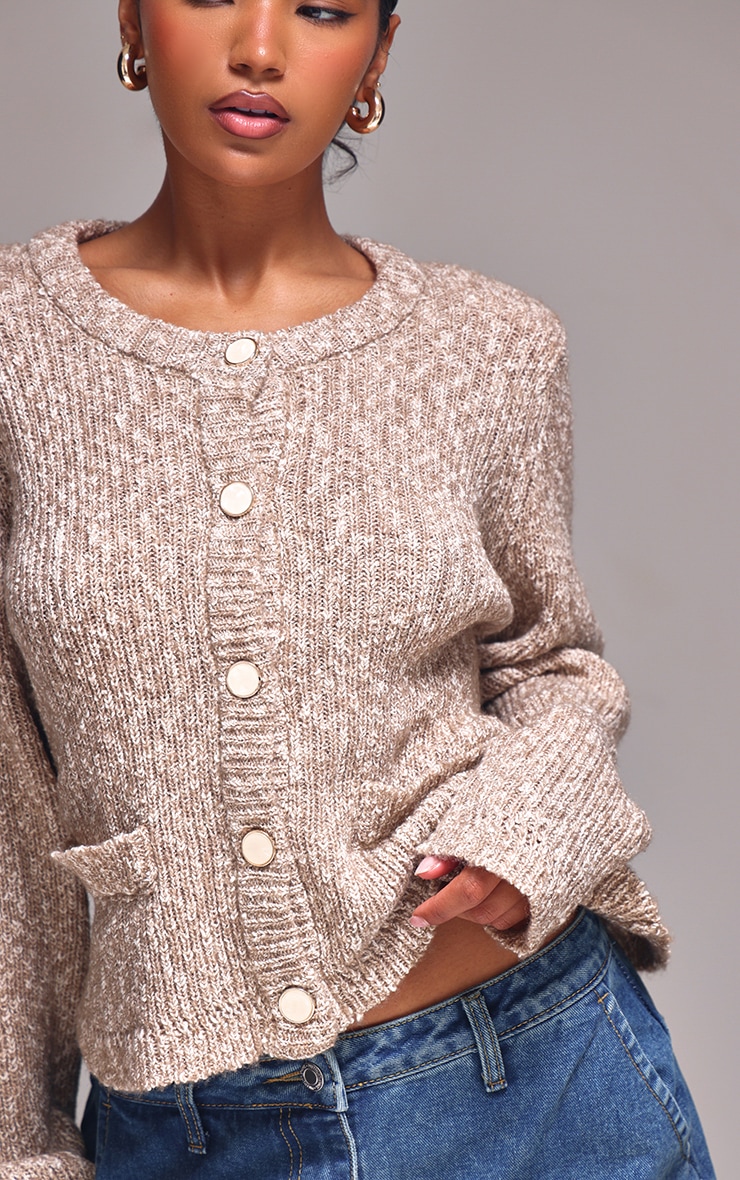 Mocha Marl Textured Bobble Knit Pocket Cardigan | Knitwear ...