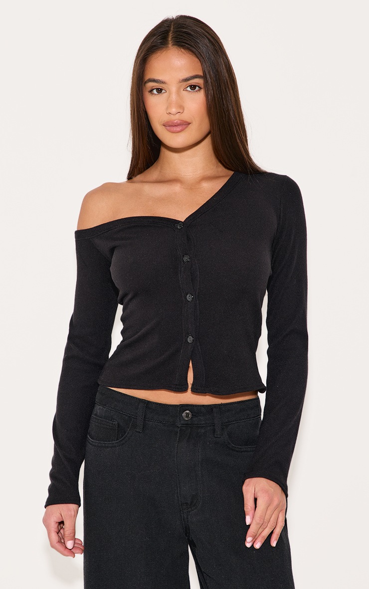 Black Soft Touch Rib Asymmetric Long Sleeve Top | Tops ...