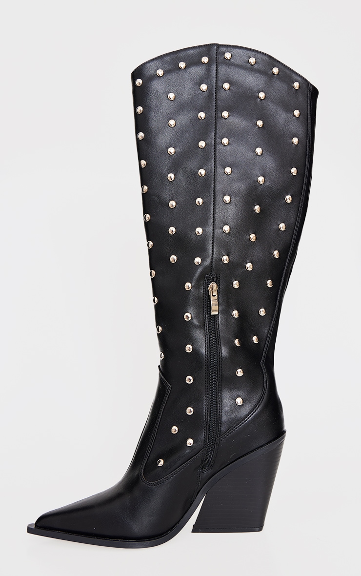 Black Silver Stud Knee High Block Heel Western Boots | Footwear ...