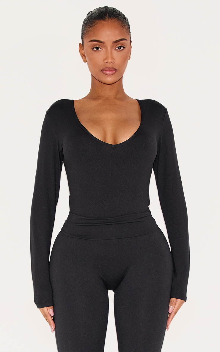 Shape Black Sculpted V Neck Long Sleeve Bodysuit | Shape | PLT