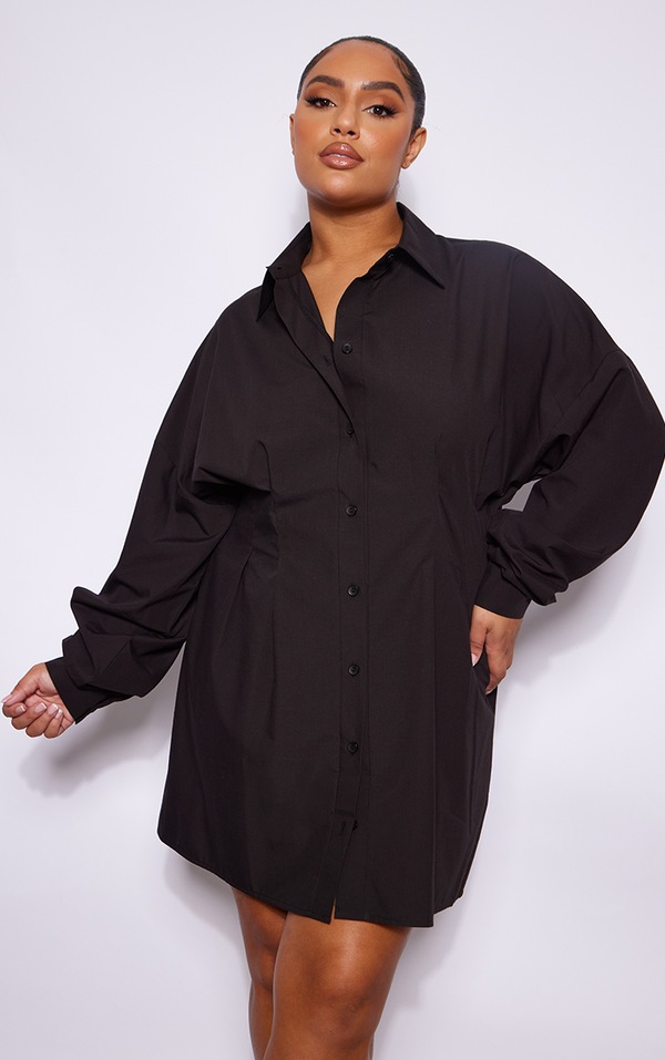 Plus Black Poplin Fitted Waist Shirt Dress Prettylittlething Ca