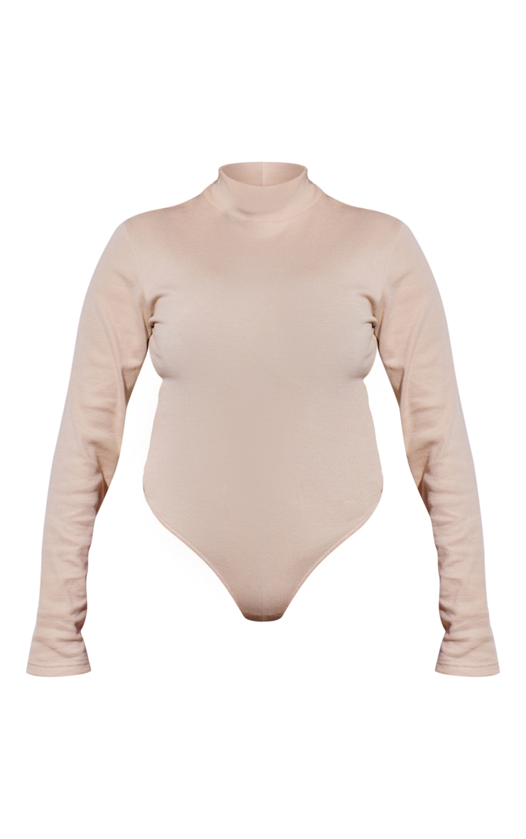 Plus Stone Basic Rib Long Sleeve Bodysuit | Plus Size | PrettyLittleThing UAE