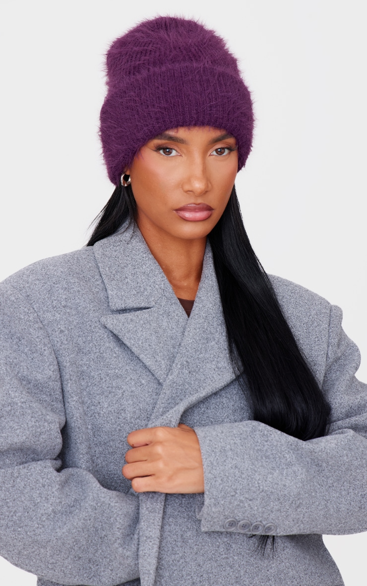 Bonnet En Maille Tricot Côtelée Duveteuse Prune | Accessoires ...