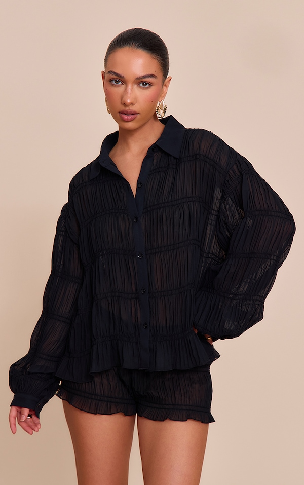 Black Chiffon Shirred Mini Shorts | Co-ords | PrettyLittleThing