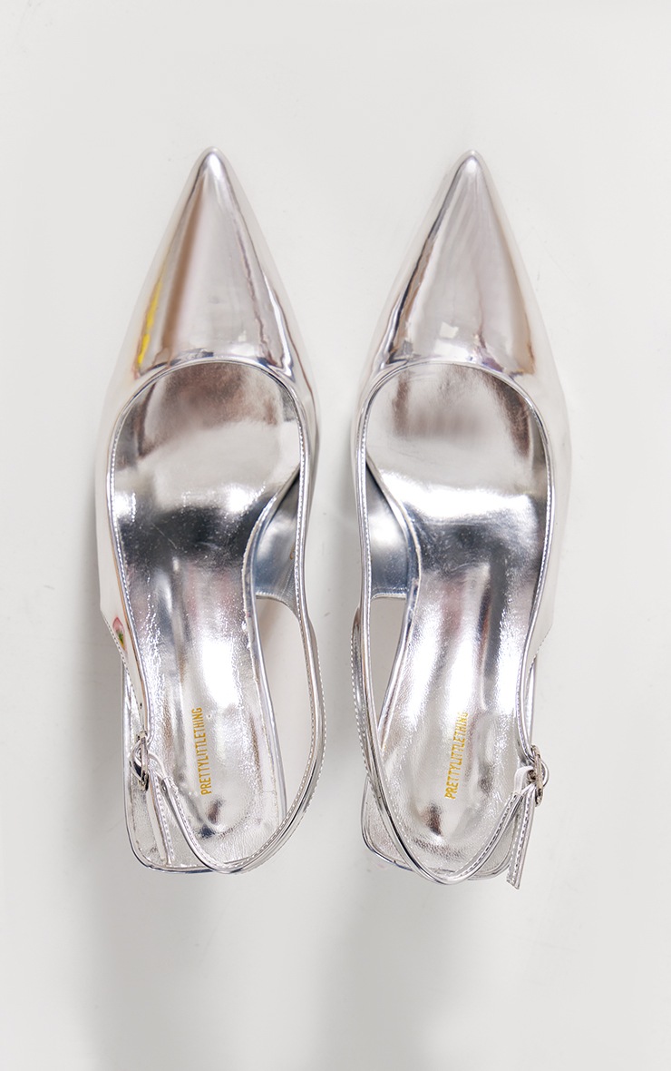 Silver PU Point Toe Sling Back Mid Heeled Courts | Footwear ...