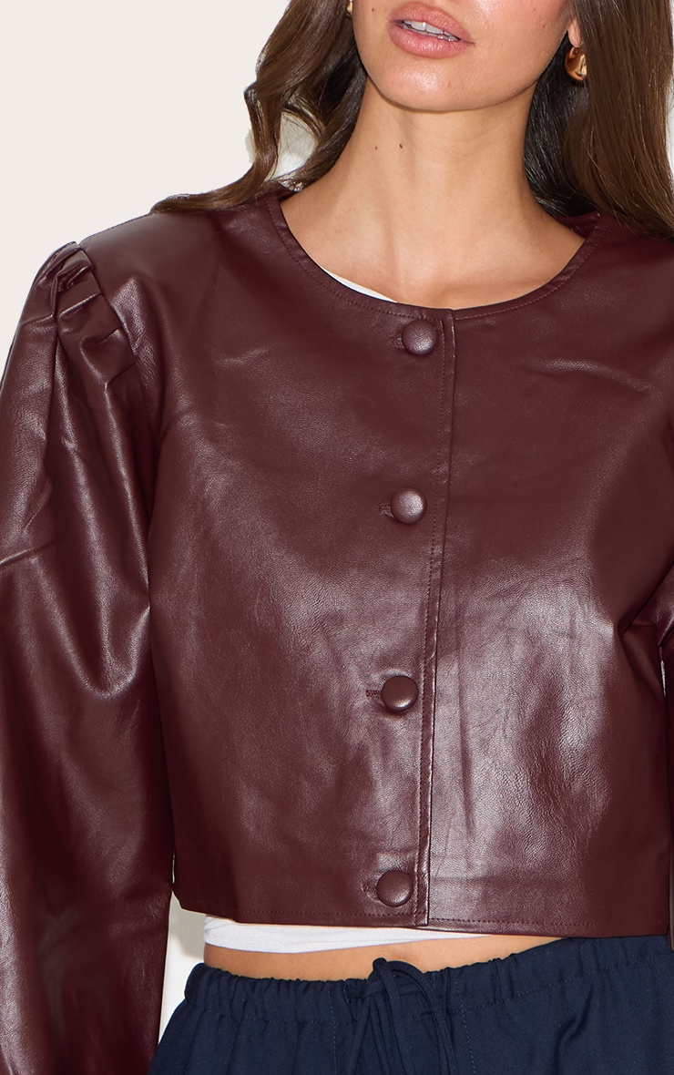 Burgundy PU Pleat Sleeve Button Up Jacket | Outerwear | PLT