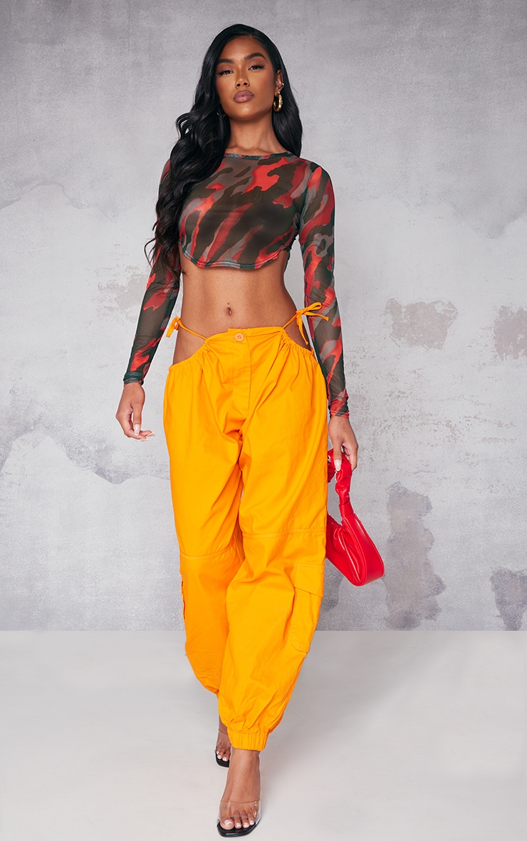 Red Leopard Printed Mesh Curved Hem Crop Top | PrettyLittleThing