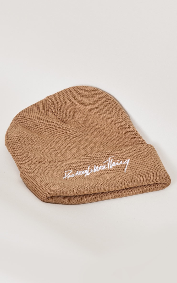 Prettylittlething Camel Script Embroidered Beanie | PrettyLittleThing USA