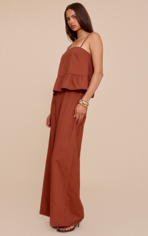Rust Linen Blend Peplum Detail Overlay Jumpsuit | Dresses ...