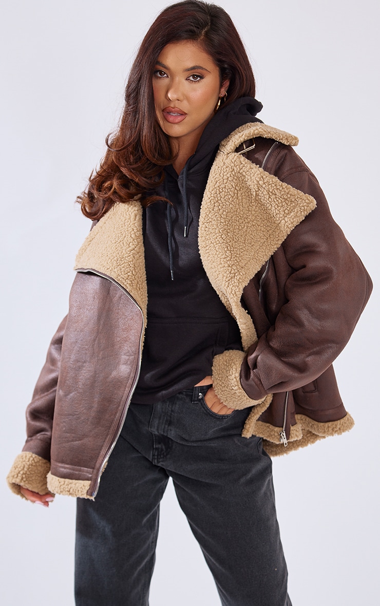 Brown Borg Lined Buckle Collar Oversized Aviator | Outerwear | PLT