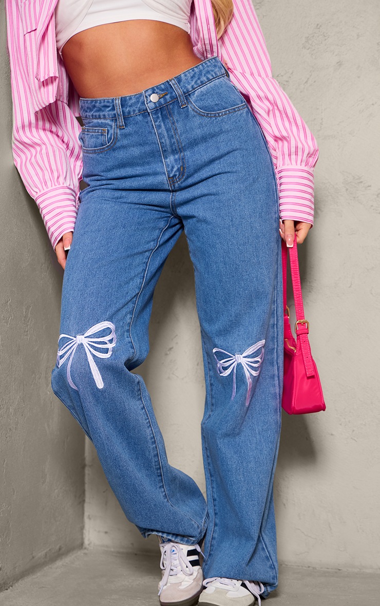 Light Blue Bow Detail Embroidered Denim Jeans | Denim | PLT