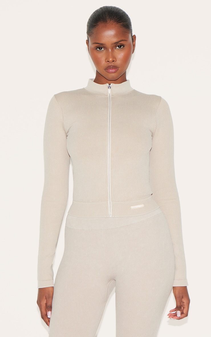 Oatmeal Acid Wash Seamless Rib Crop Sports Jacket | Activewear ...