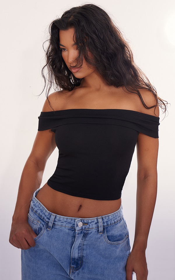 Black Modal Cotton Bardot Long Top | Tops | PrettyLittleThing