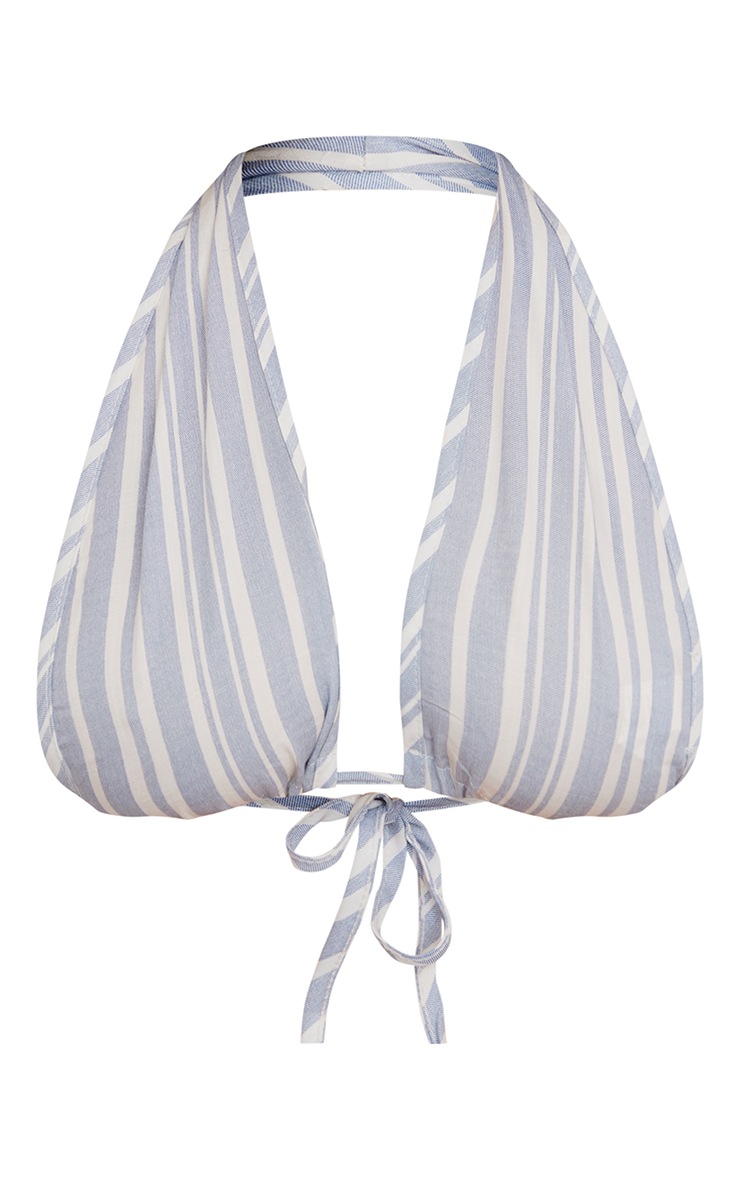 Blue Stripe Linen Feel Halter Bralet | Tops | PrettyLittleThing KSA