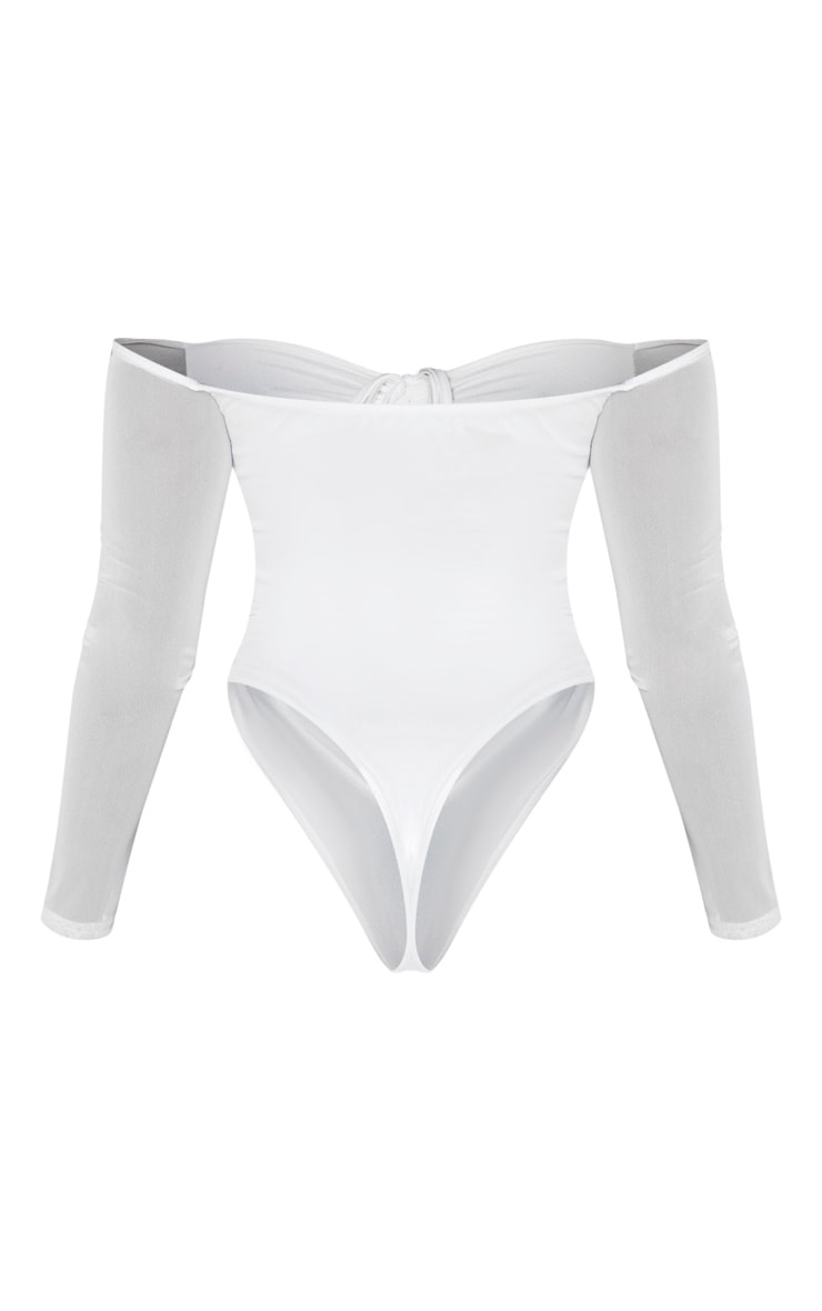 Shape White Mesh Long Sleeve Ruched Bodysuit | PrettyLittleThing USA