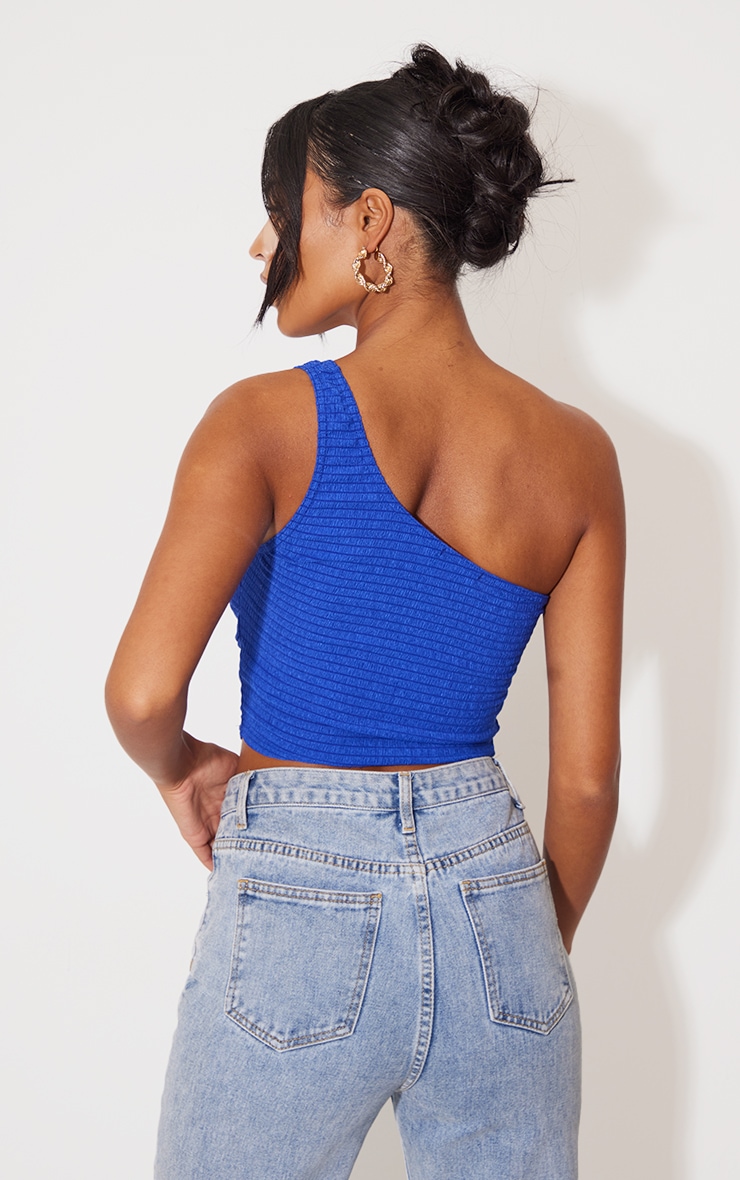 Tall Blue Textured One Shoulder Crop Top | PrettyLittleThing