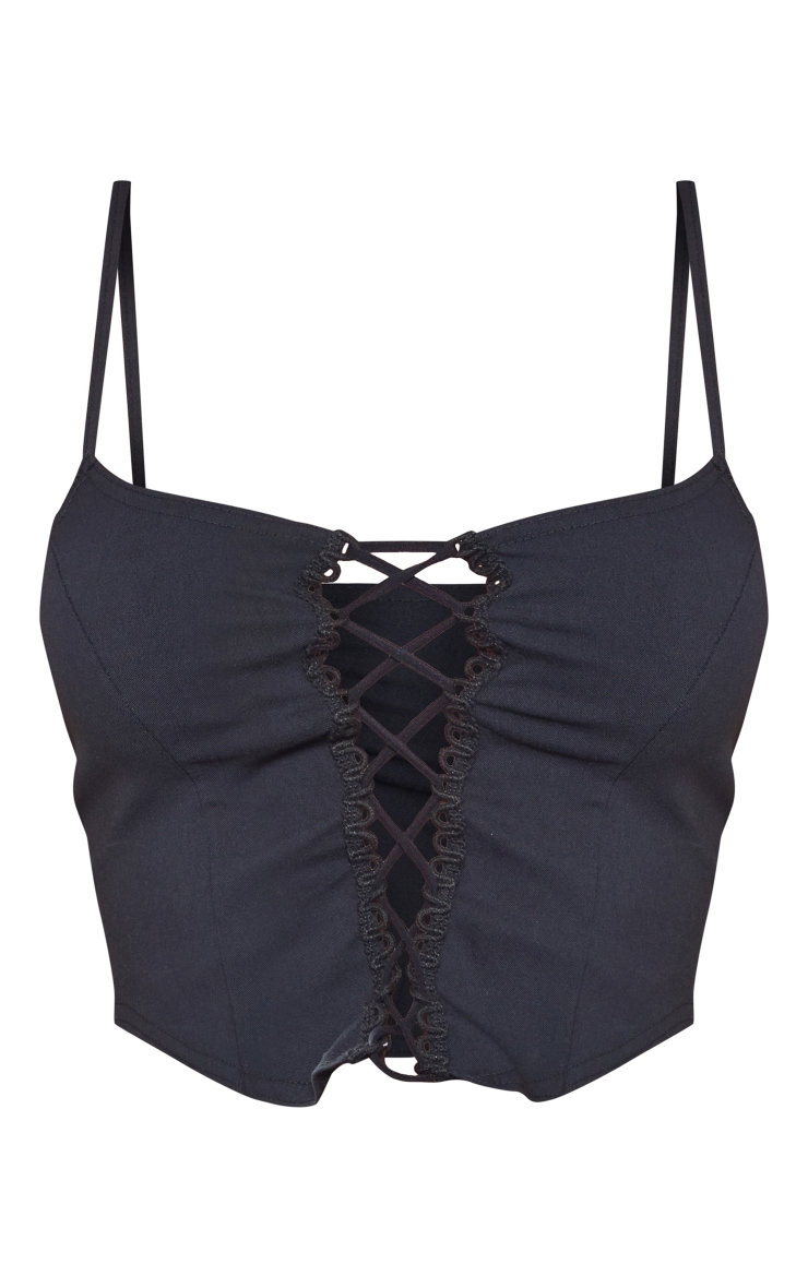 Black Stretch Woven Lace Up Front Crop Top | PrettyLittleThing