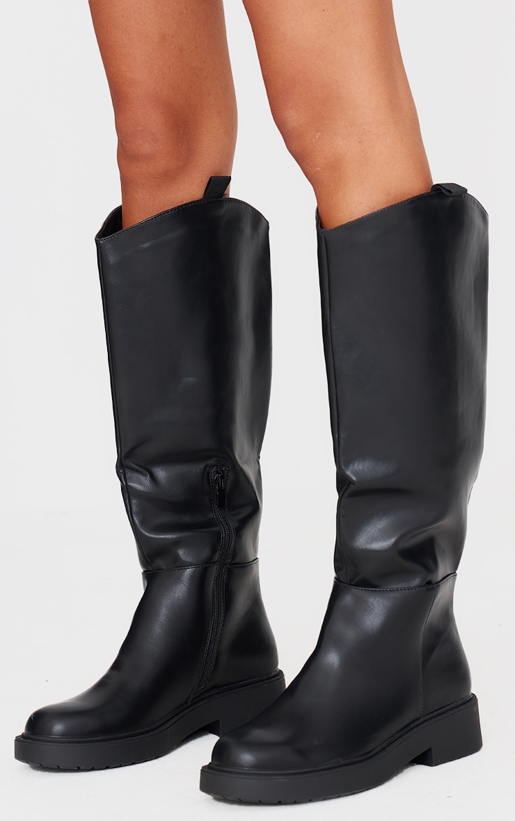 Black Pu Round Toe Knee High Flat Boots | Footwear | PrettyLittleThing