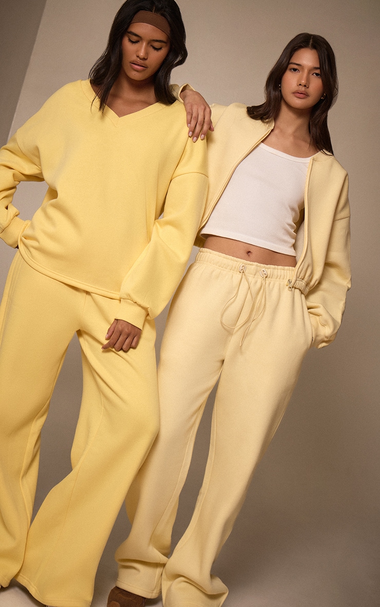 Butter Yellow Wide Leg Pleated Detail Sweatpants | Athleisure | PLT USA
